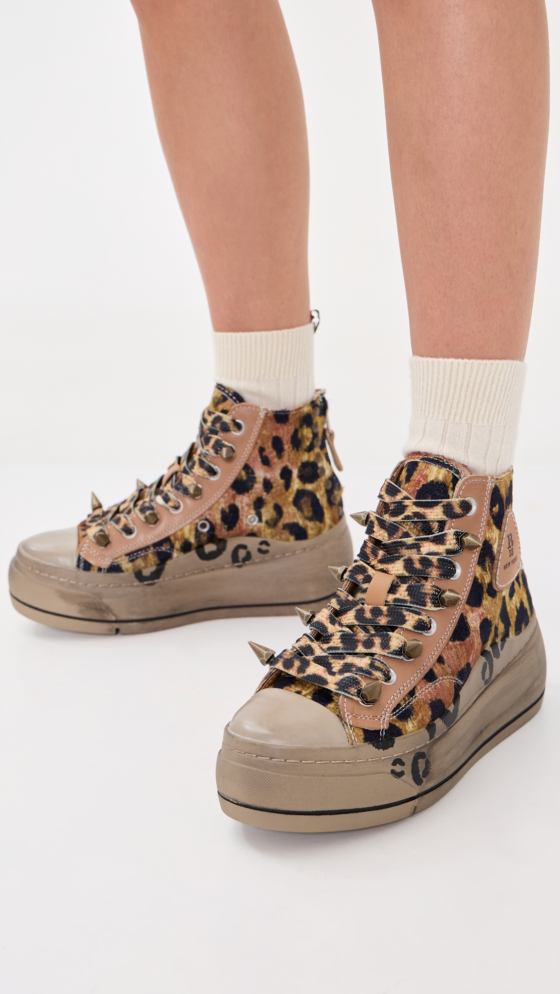R13 R13 Kurt High Top Sneakers with Leopard Print and Stud Accents